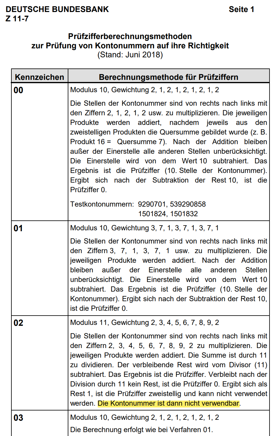 Prüfzifferberechnung für Kontonummern